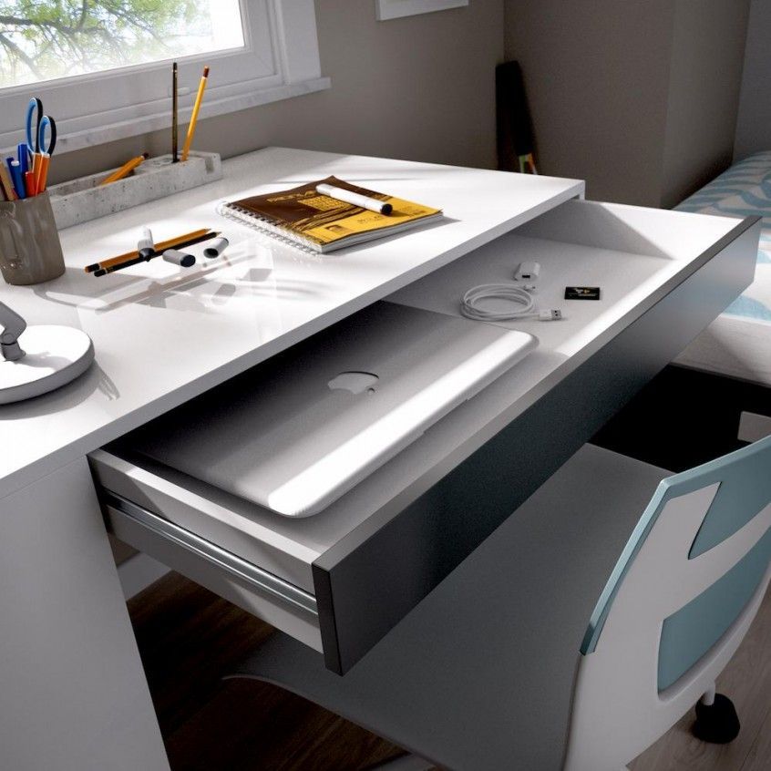 Escritorio Teo con cajón y estante blanco - Fanmuebles