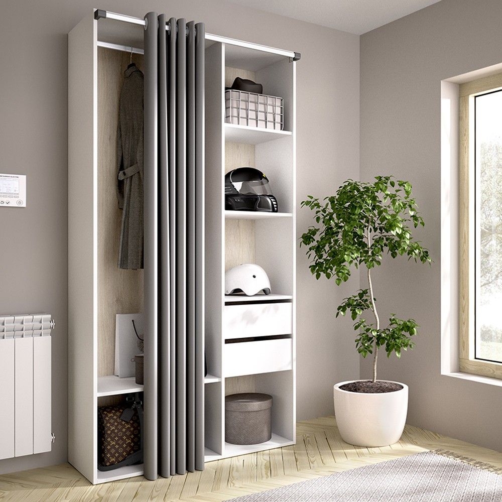 Le placard Suit avec un rideau et deux tiroirs en blanc naturel fanmuebles