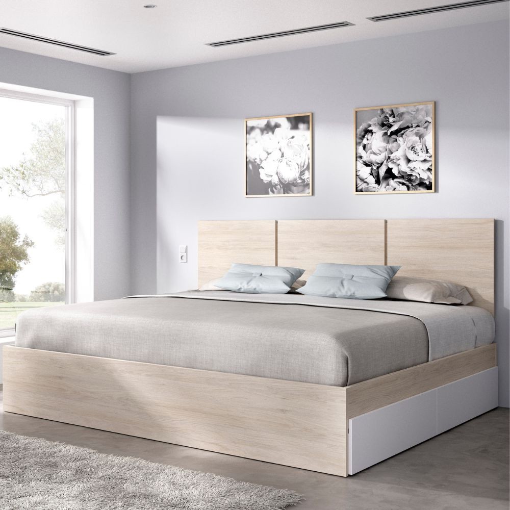 Structure de lit 4 tiroirs et tête de lit Havana Chêne Naturel - Blanc